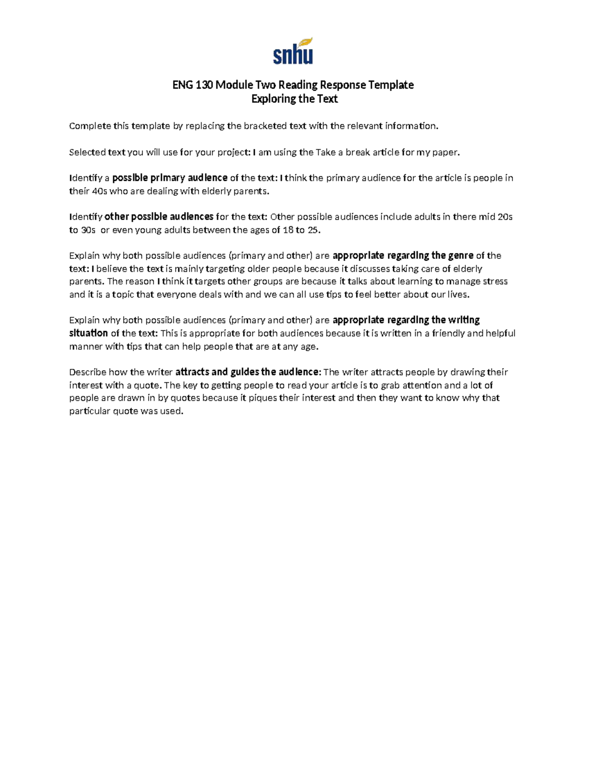 ENG 130 Module Two Reading Response: Analyzing Audience Engagement ...