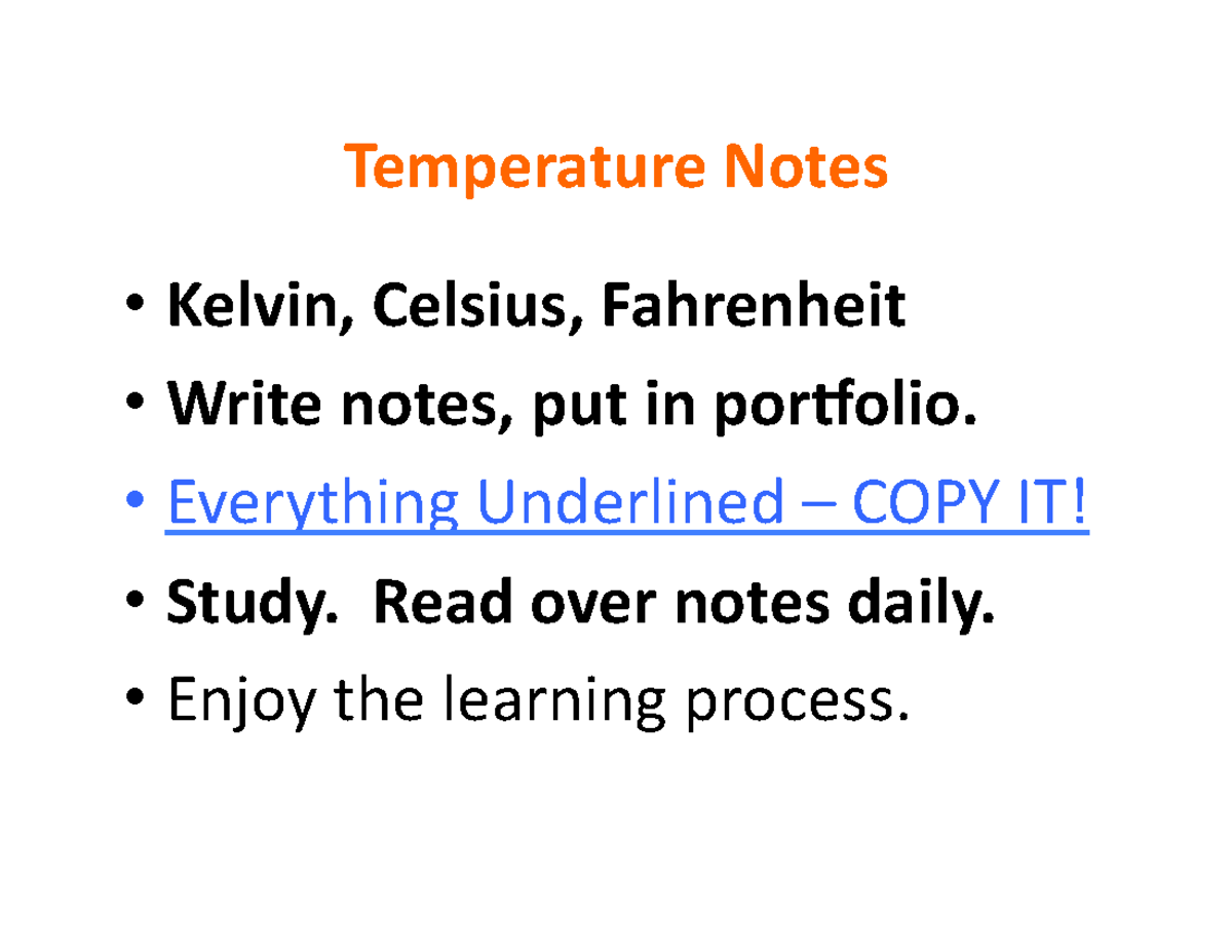 Temperature Conversion Notes: Celsius, Fahrenheit, Kelvin (Course Code ...