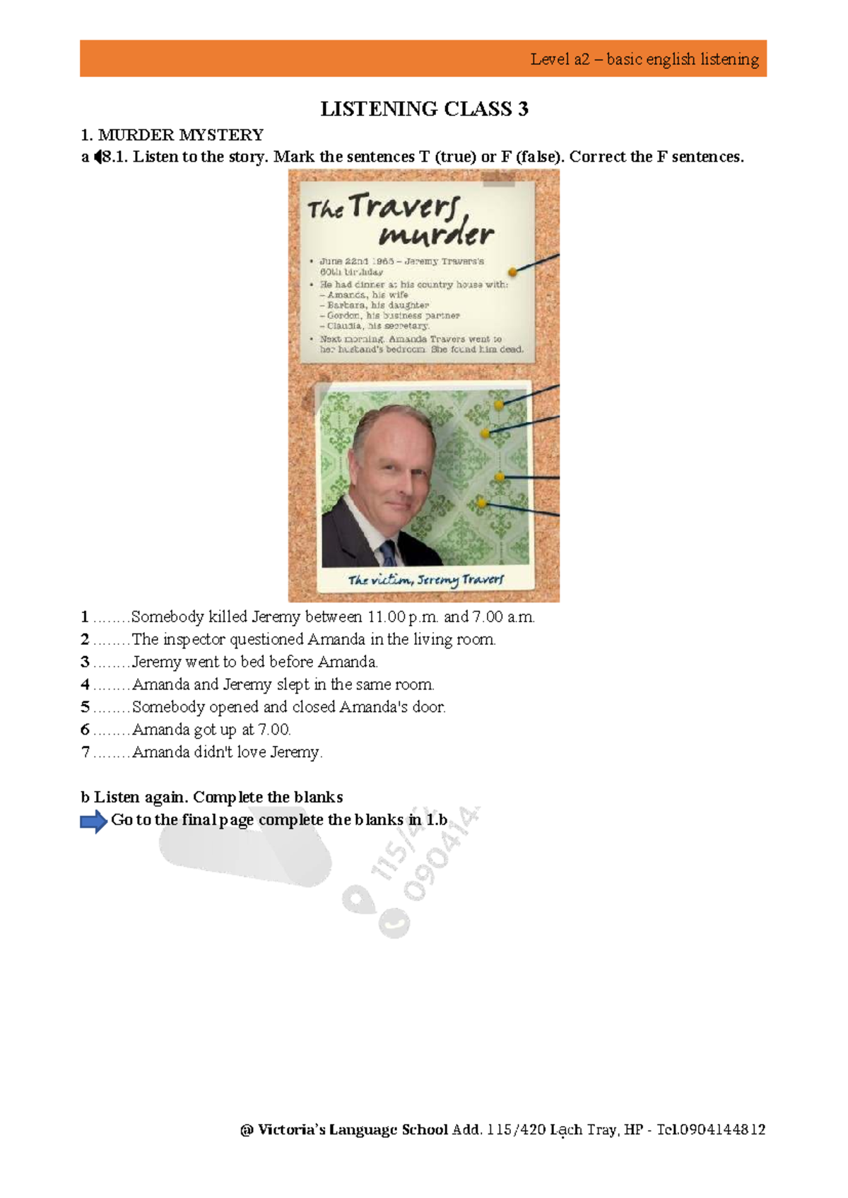 Listening Class 3 - Level A2: Murder Mystery Activity - Studocu