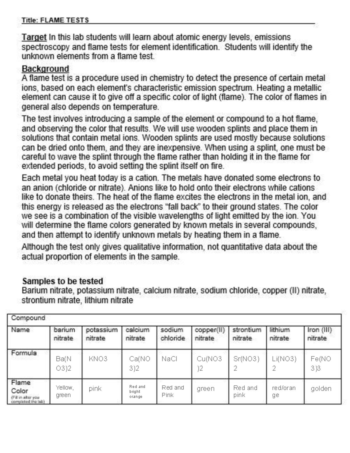 - Flame Tests Lab (Fireworks) - Ba(N O3) Yellow, green KNO pink Ca(NO 3 ...