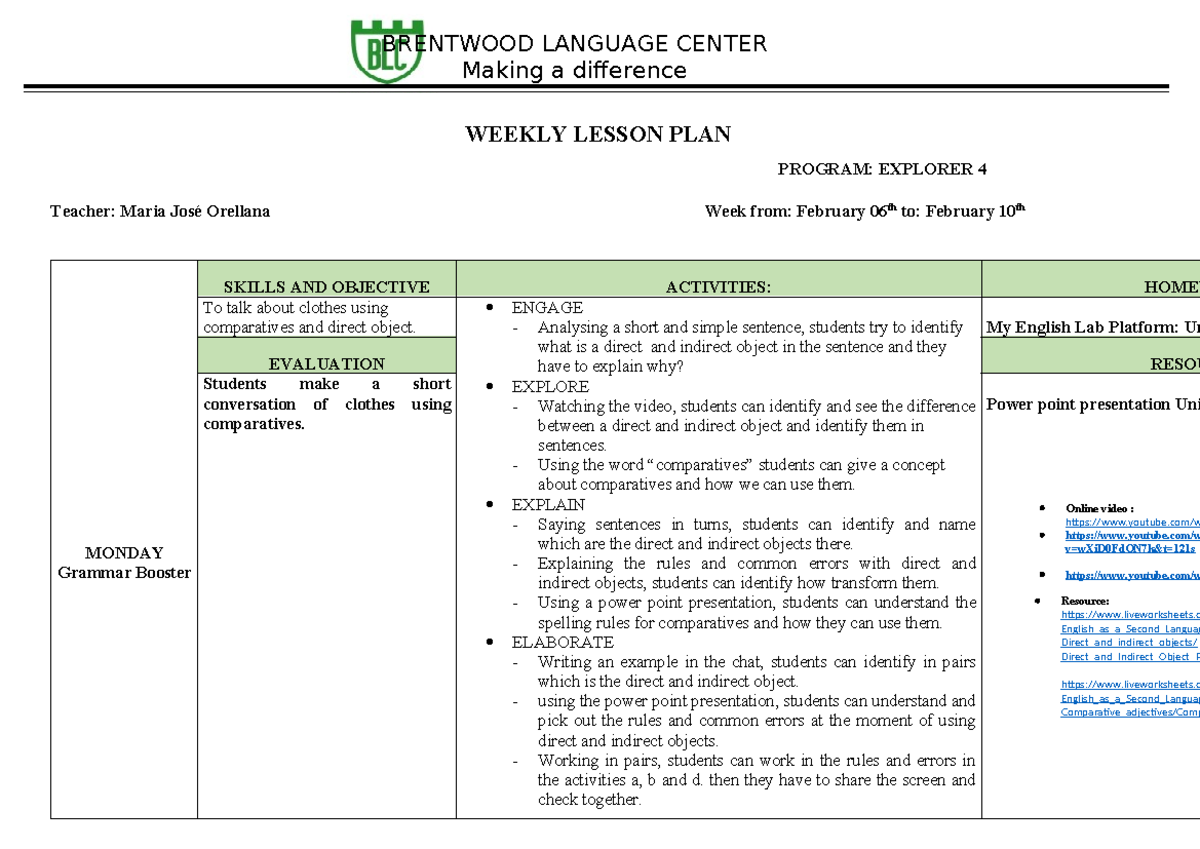 E2 WLP FEB06-FEB10 - Making a difference WEEKLY LESSON PLAN PROGRAM ...