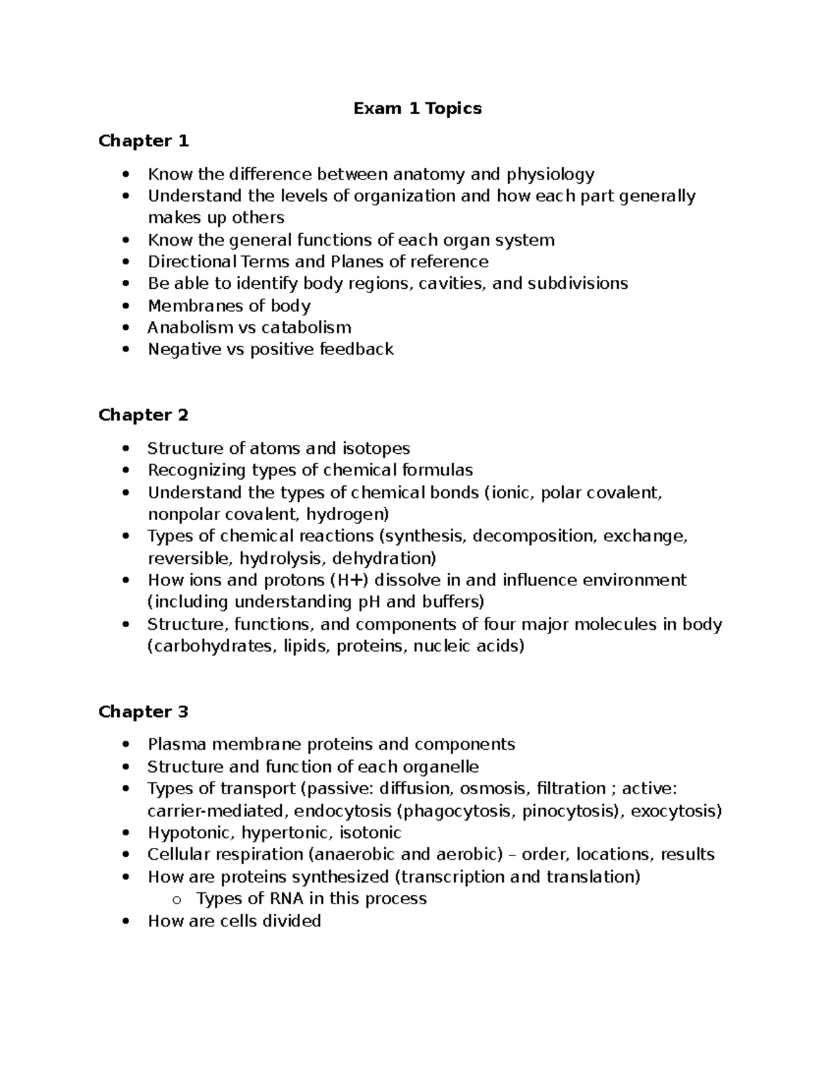 Exam 1 Topics: Anatomy, Physiology & Chemical Processes Overview - Studocu