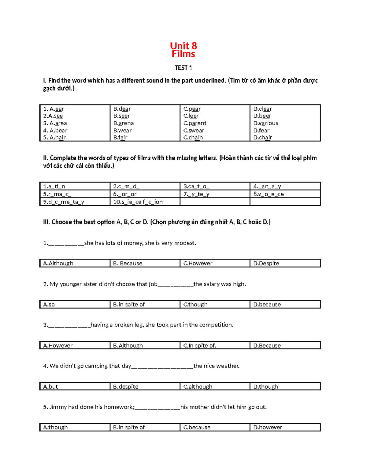 Unit 8 English Test 1 - Easy to Understand - Studocu