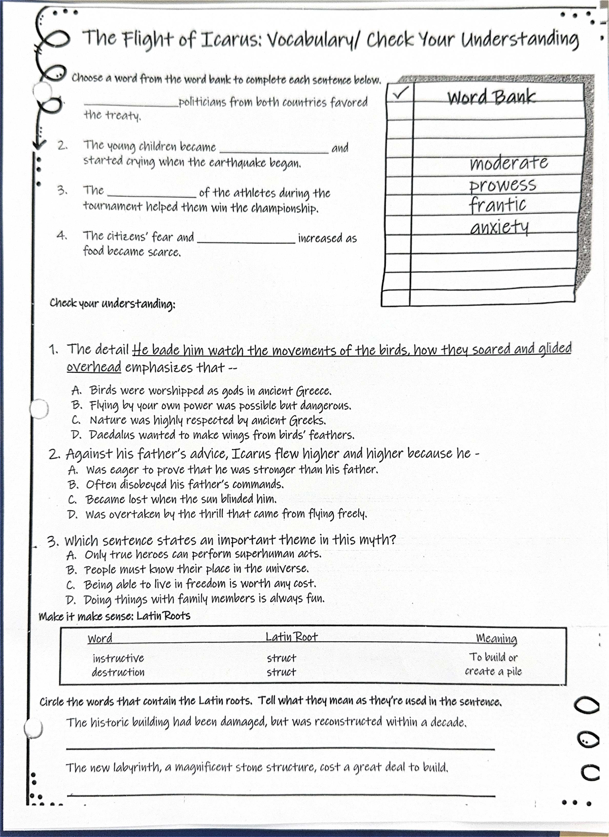 The Flight of Icarus: Vocabulary & Comprehension Check - Studocu