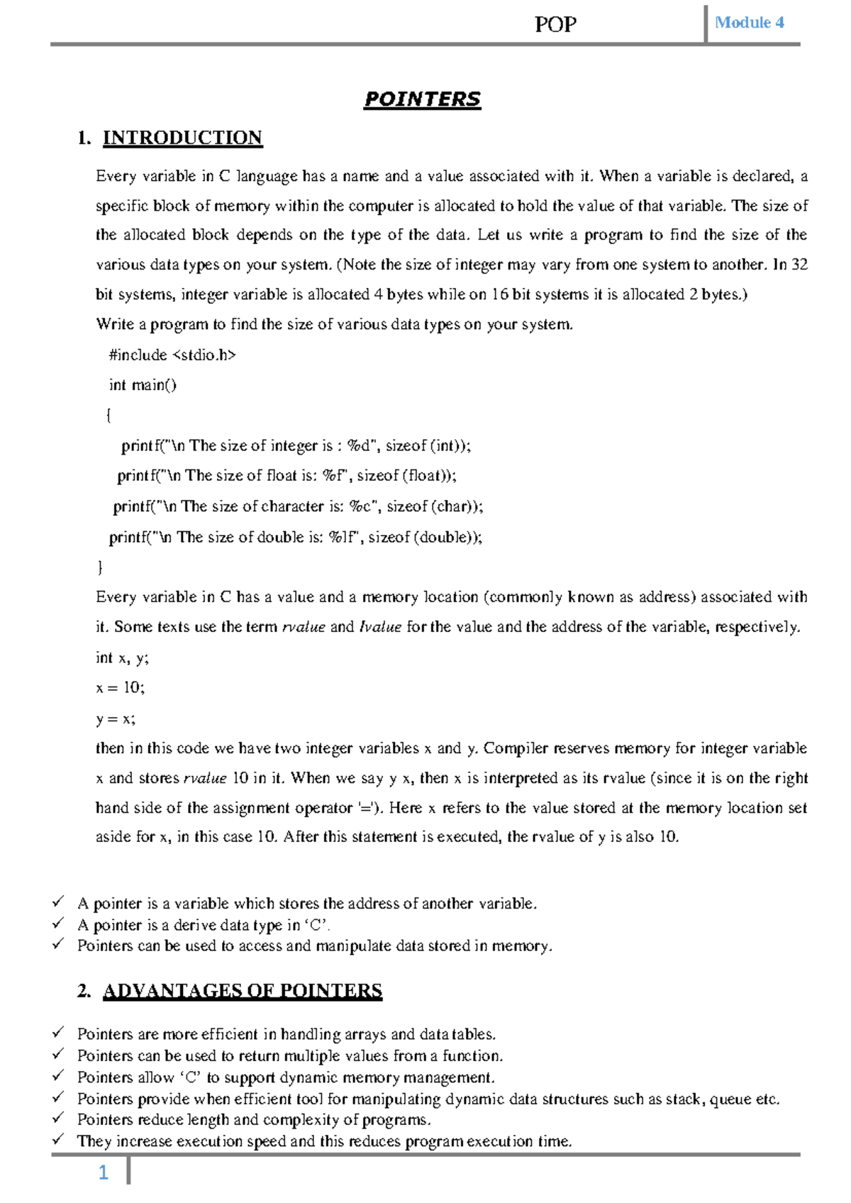 Pointers Notes: Understanding Memory Management in C (POP Module 4 ...