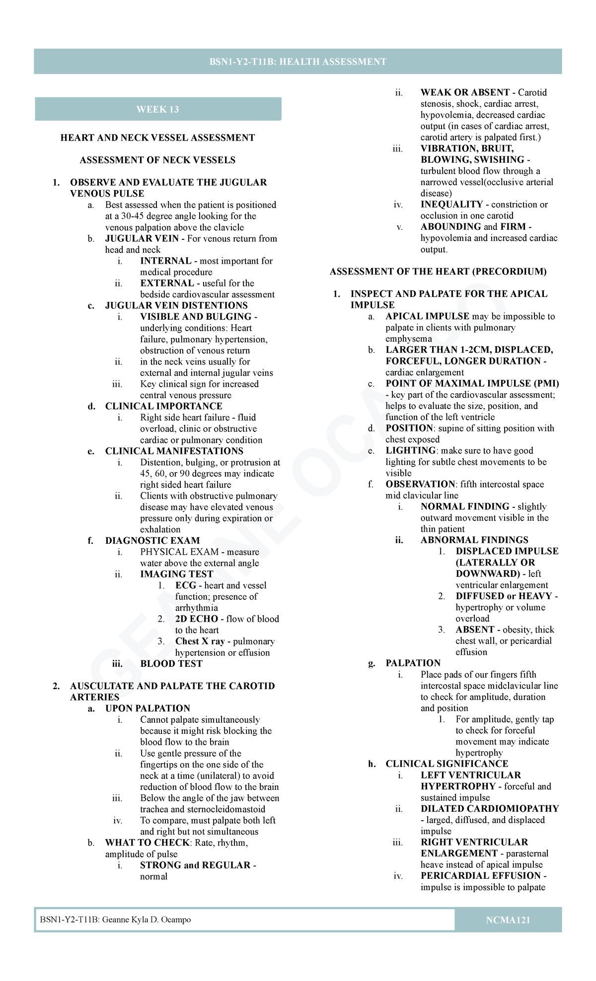 NCMA121 HEALTH ASSESSMENT: Heart, Abdomen, and Musculoskeletal ...