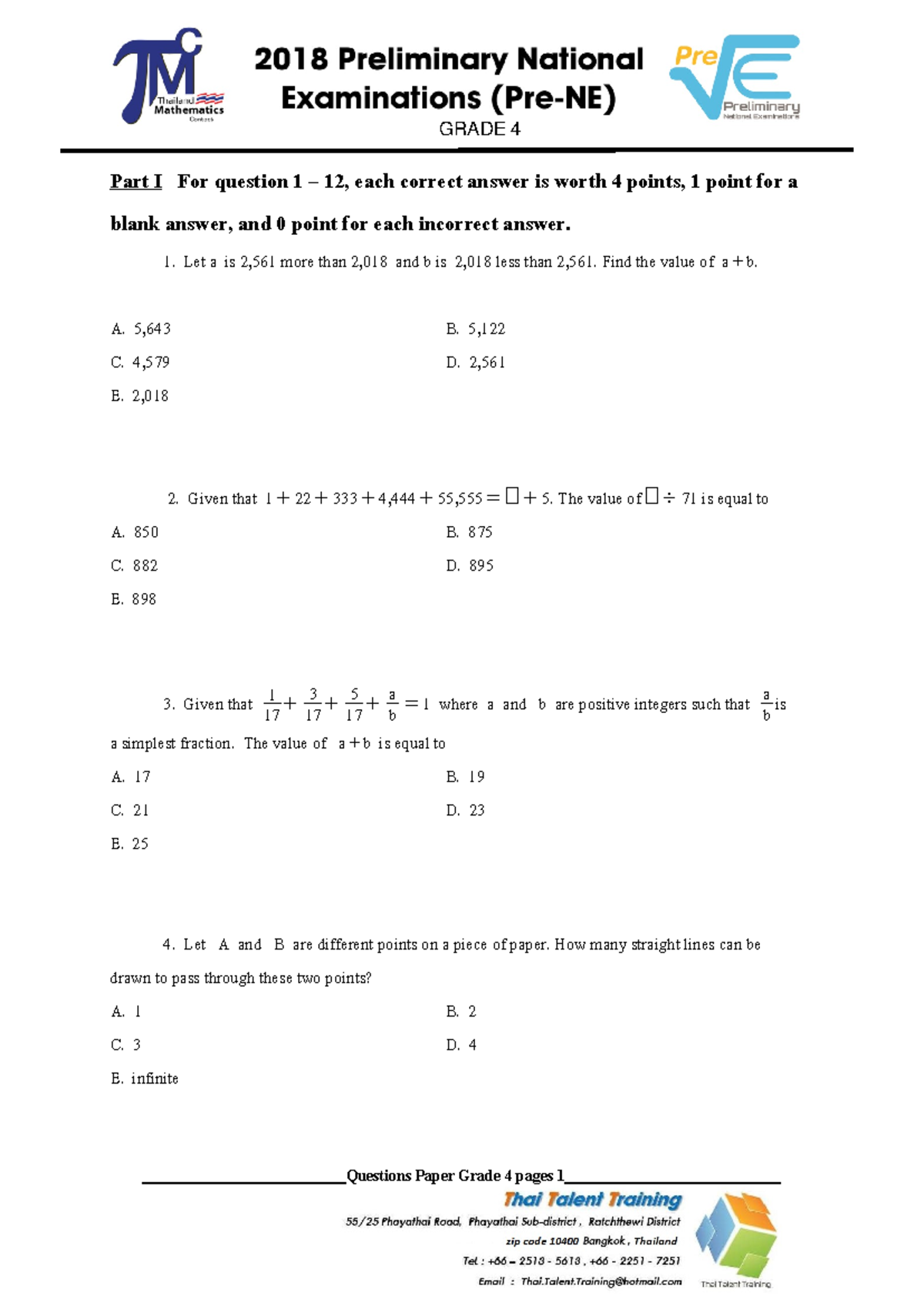 Grade-4 ITMC2019 - ITMC - B. 5, Part I For question 1 – 12, each ...