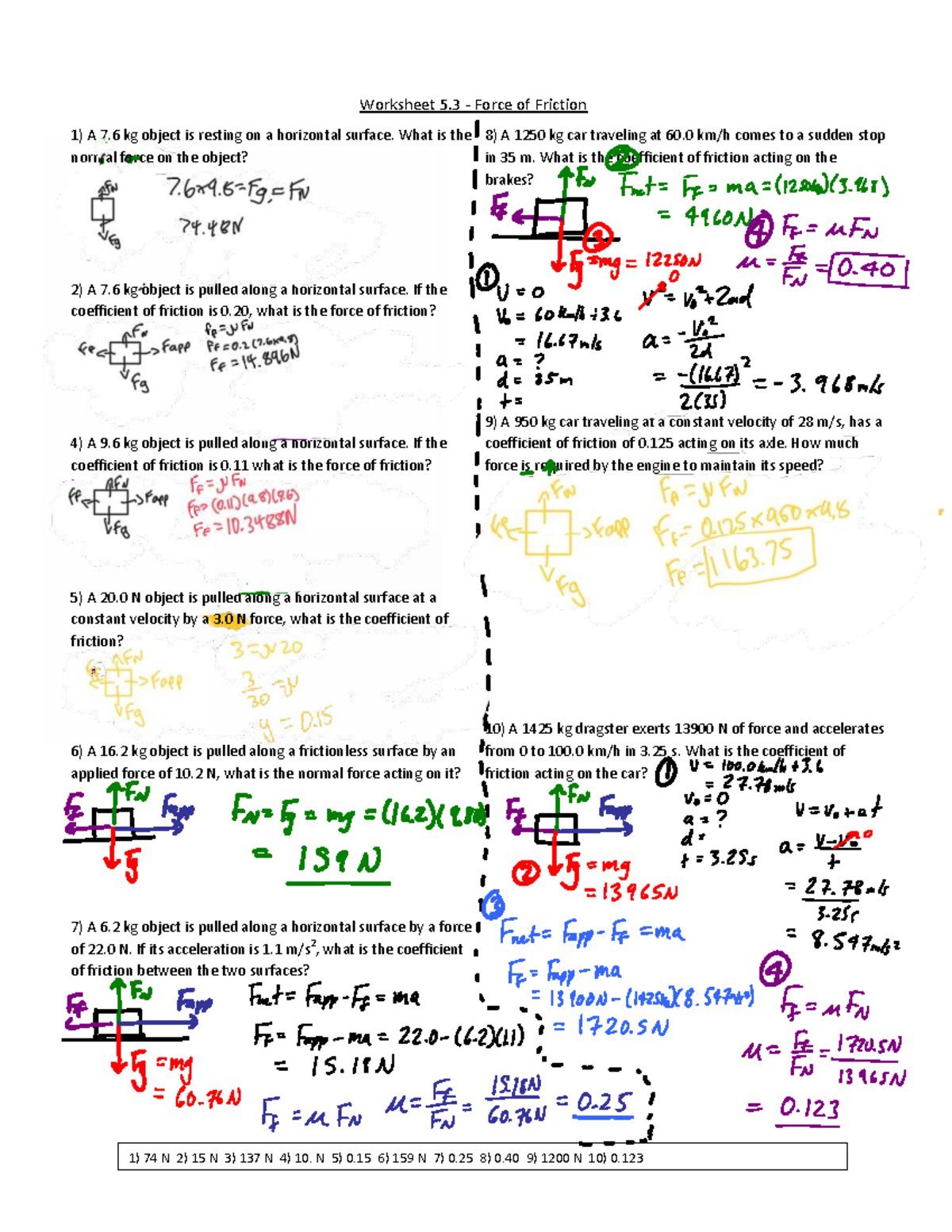 Worksheet 5.3 Solutions: Force of Friction Problems - Studocu