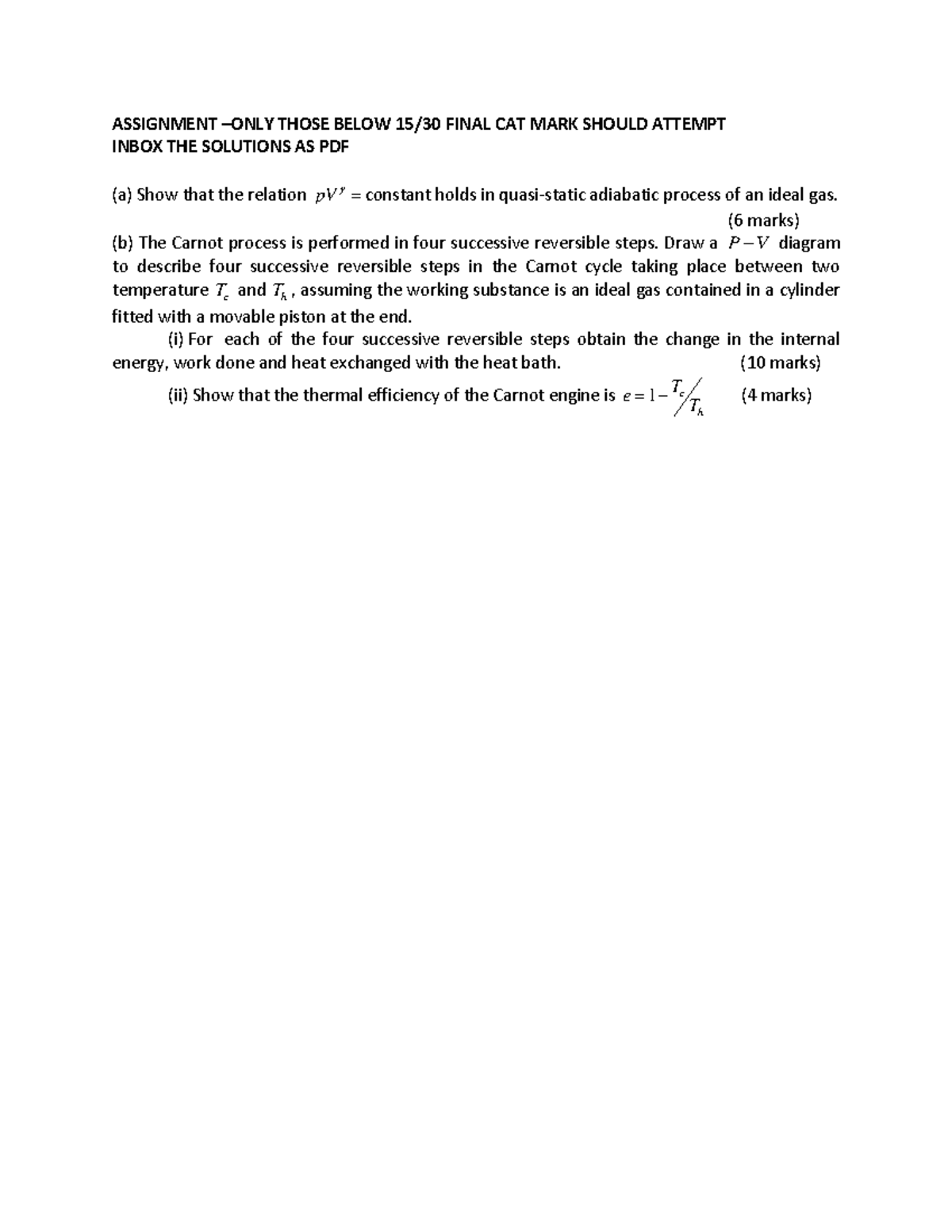 Assignment - Revision for ESM: Adiabatic Process & Carnot Cycle - Studocu