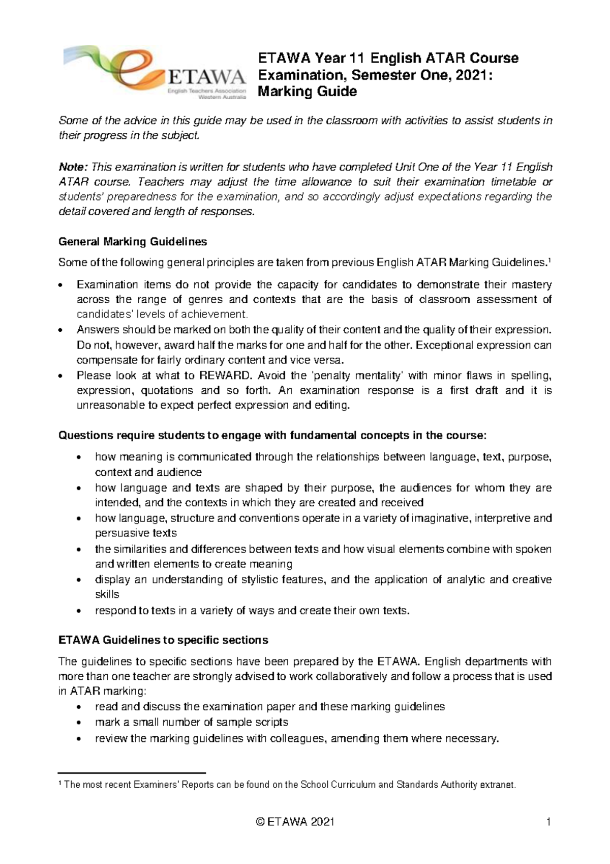 Year 11 English ATAR Sem 1 2021 Marking Guide and Assessment Insights ...