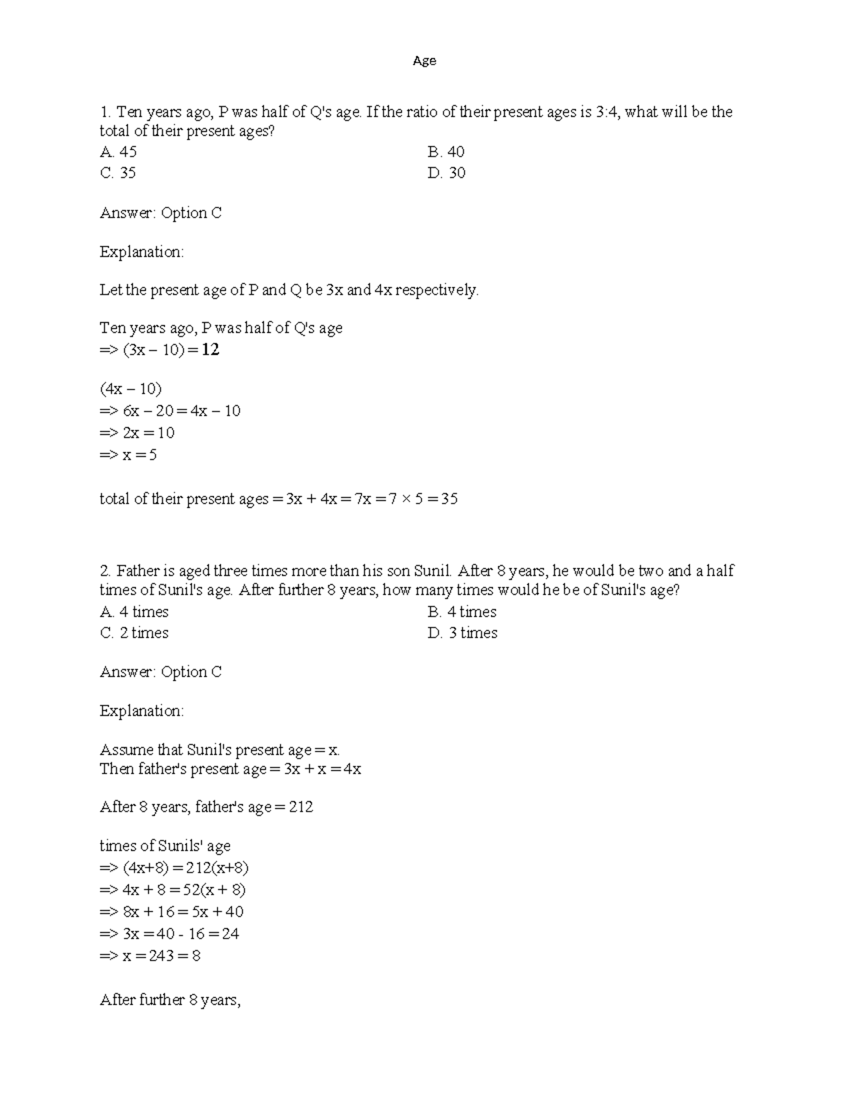 Age - Practice Problems for Age Ratio Calculations (Math 101) - Studocu