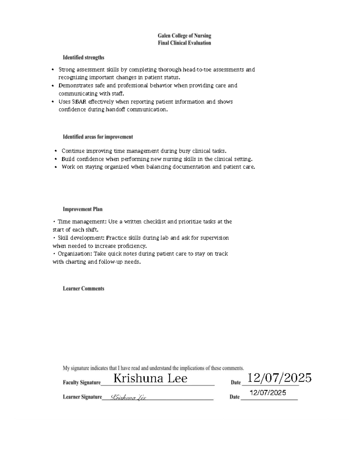 Galen College of Nursing Final Clinical Evaluation: Strengths ...