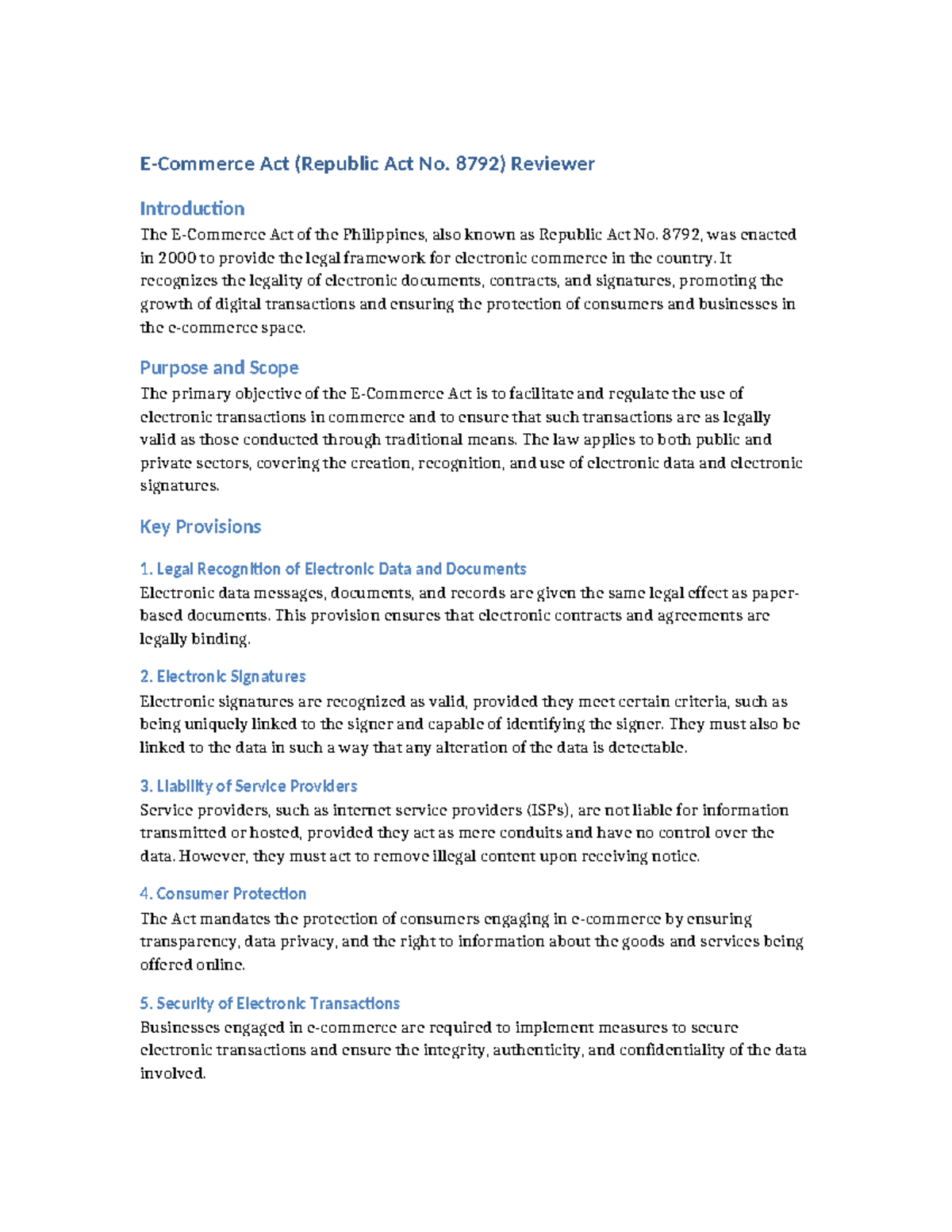 E-Commerce Act (RA No. 8792): Comprehensive Reviewer Guide - Studocu