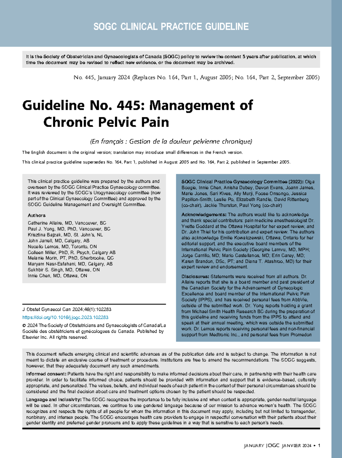 SOGC Clinical Practice Guideline No. 445: Chronic Pelvic Pain ...
