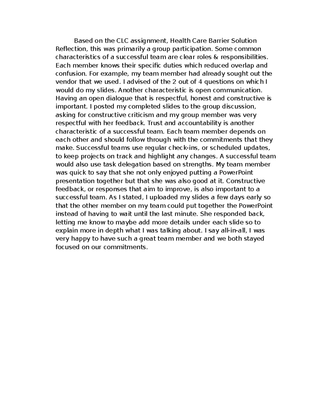 CLC 101: Health Care Barrier Solution Reflection on Team Dynamics - Studocu