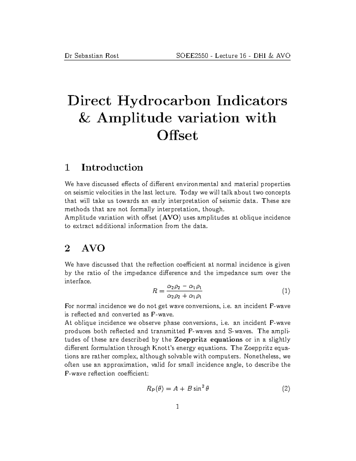 14-DHI&AVO - Lecture notes 14 - Direct Hydrocarbon Indicators ...