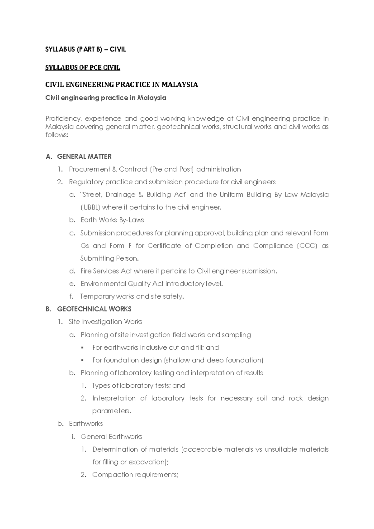 PCE Civil Engineering Practice Syllabus (Part B) in Malaysia - Studocu