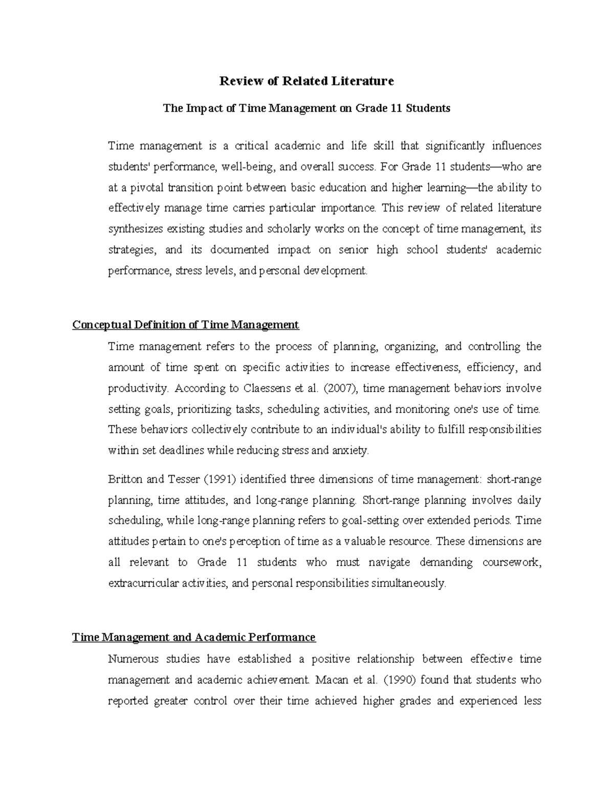 RRL: The Impact of Time Management on Grade 11 Students - Studocu