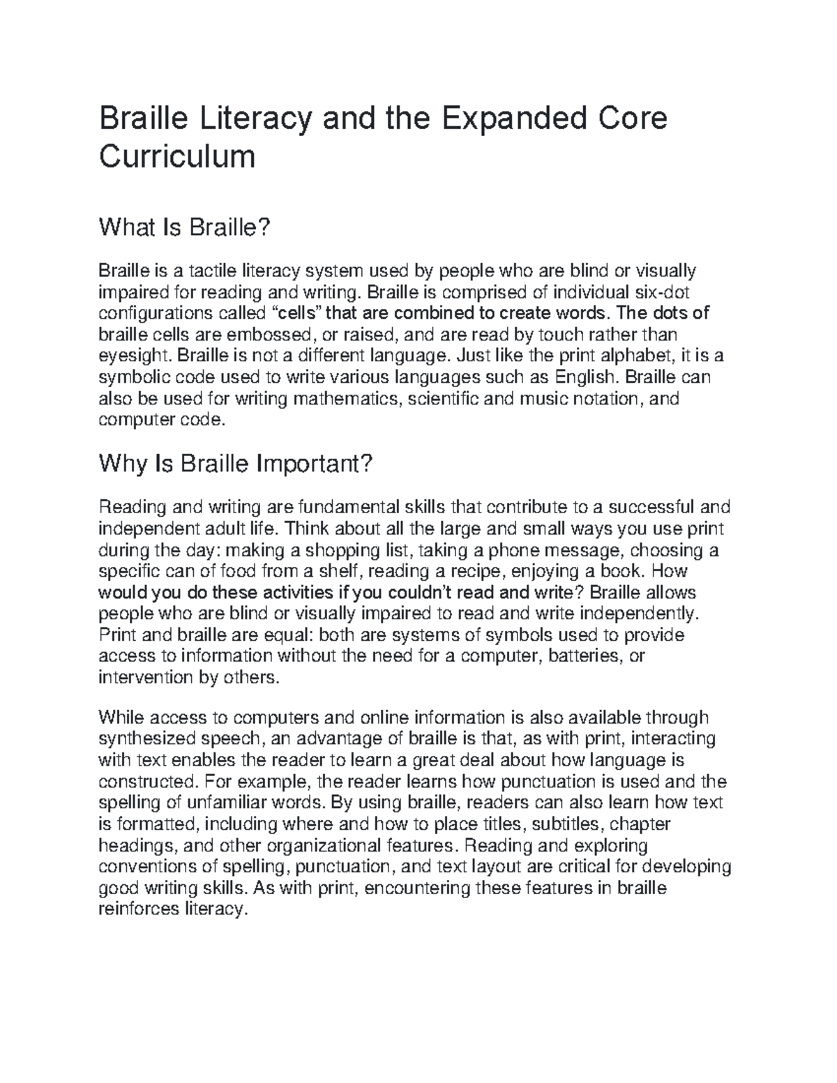 Braille Literacy and the Expanded Core Curriculum (ECC) Overview - Studocu