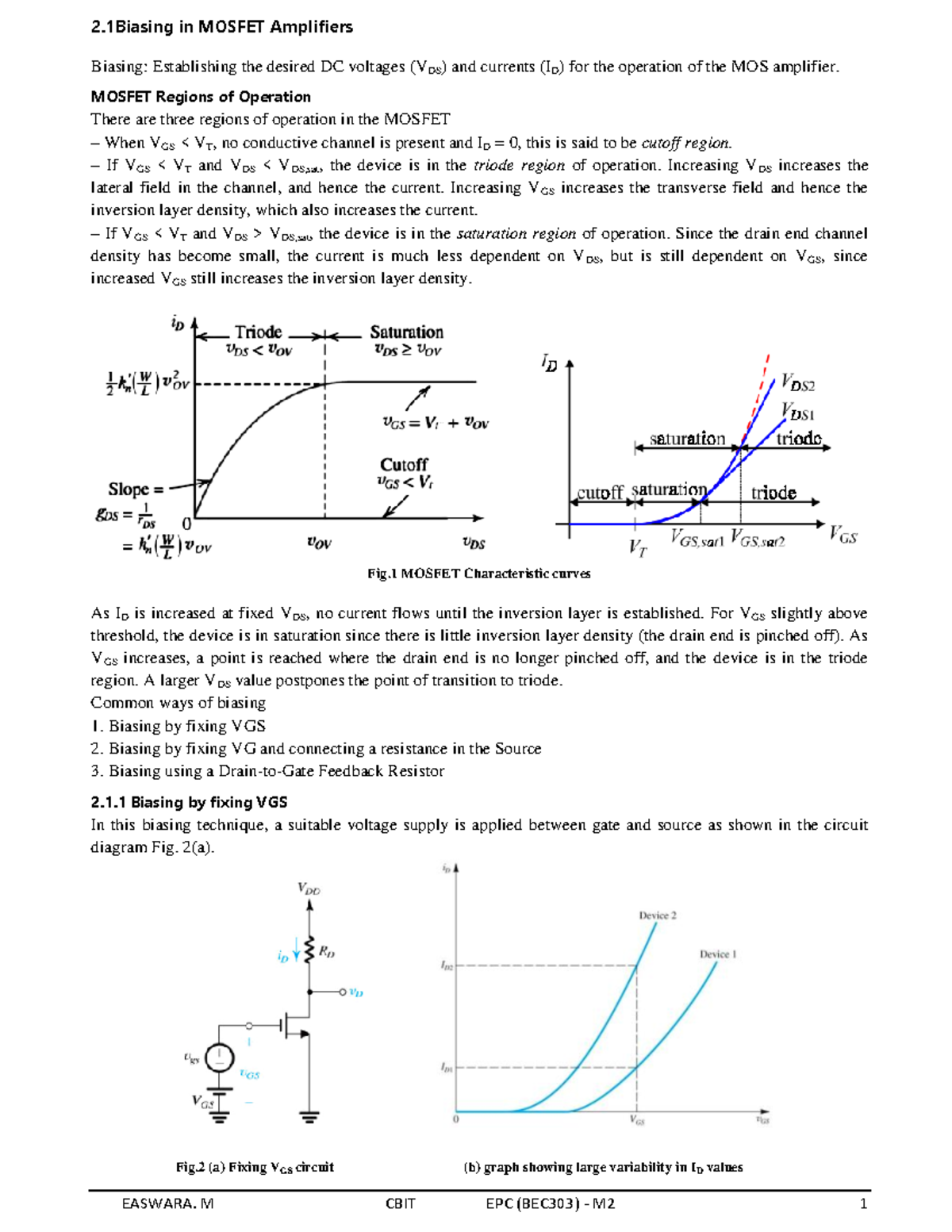 EPC M2 - Notes on MOSFET Amplifiers and Biasing Techniques (BEC303 ...