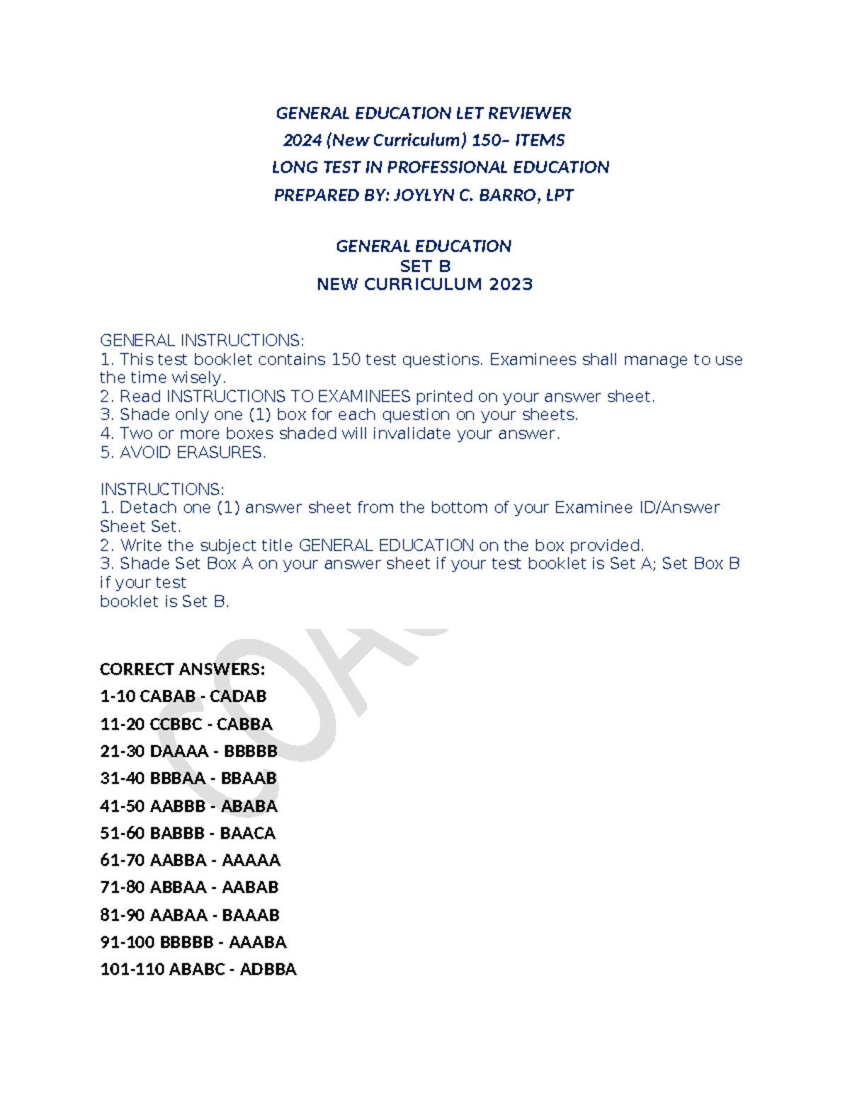 2024 LT IN GEN ED March 29 SET B Review and Answer Key - Studocu