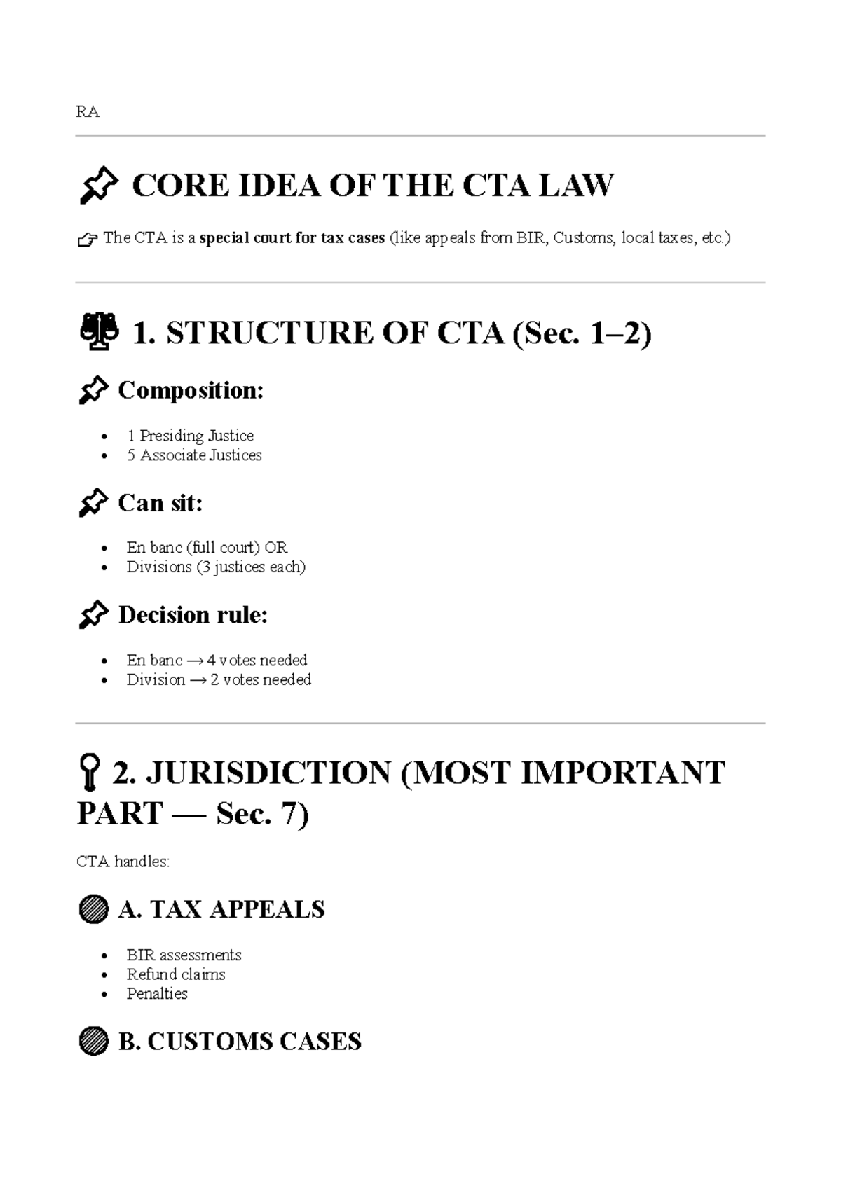 RA 9282 - Core Concepts of the Court of Tax Appeals (CTA) - Studocu