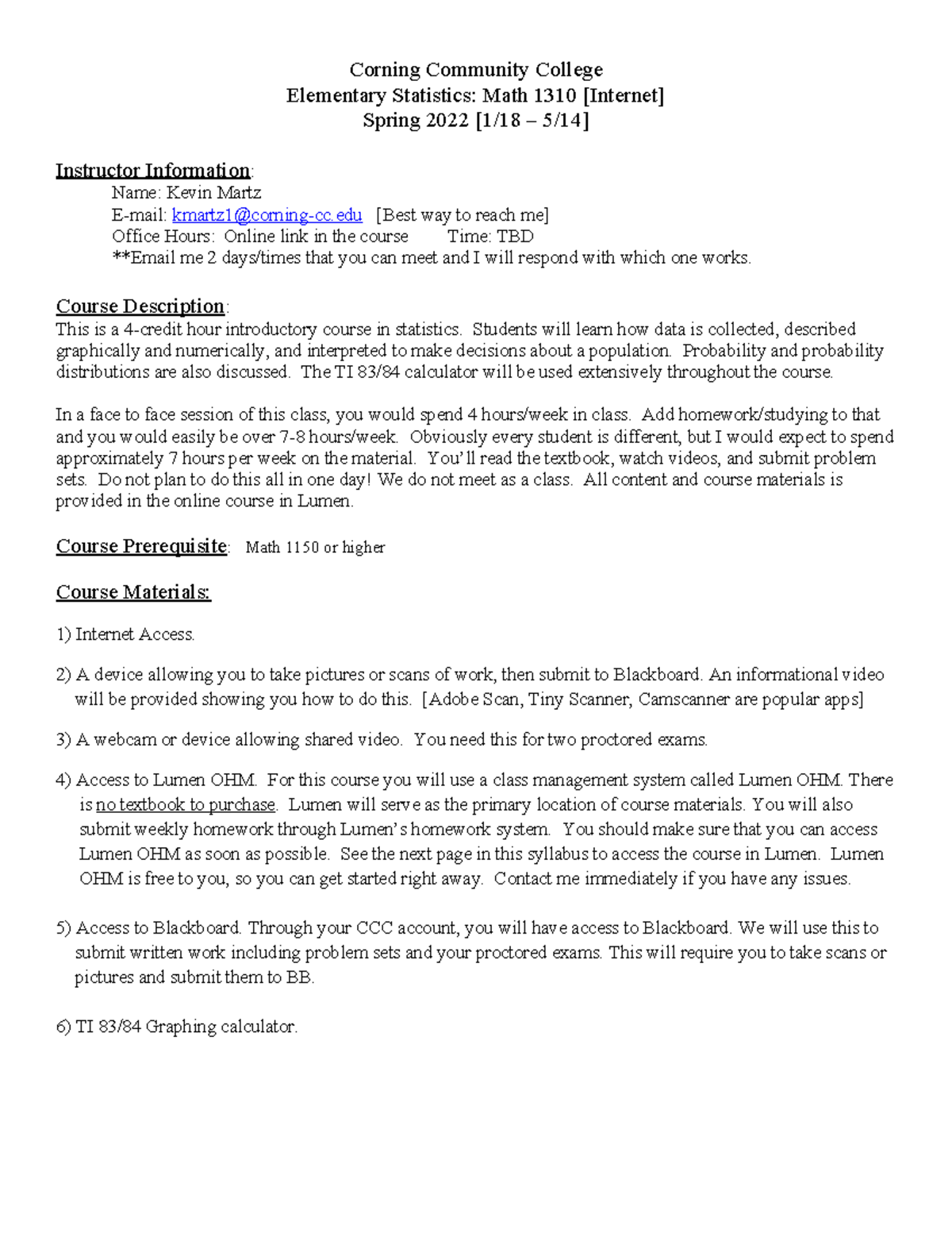 Syllabus for Math 1310: Online Elementary Statistics Spring 2022 - Studocu