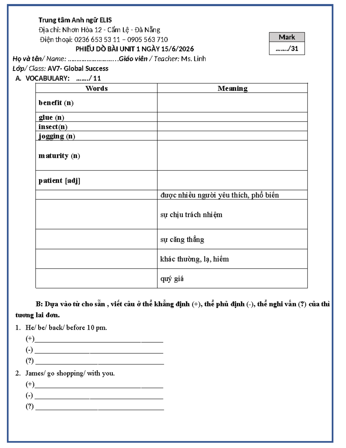 PHIẾU DÒ BÀI AV7 UNIT 1 - Global Success Class Notes - Studocu
