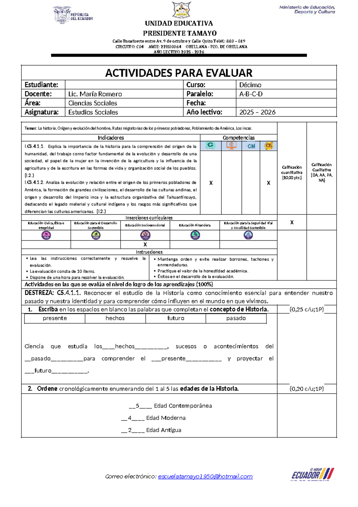 Respuestas de Evaluación en Ciencias Sociales Décimo - 2025-2026 - Studocu