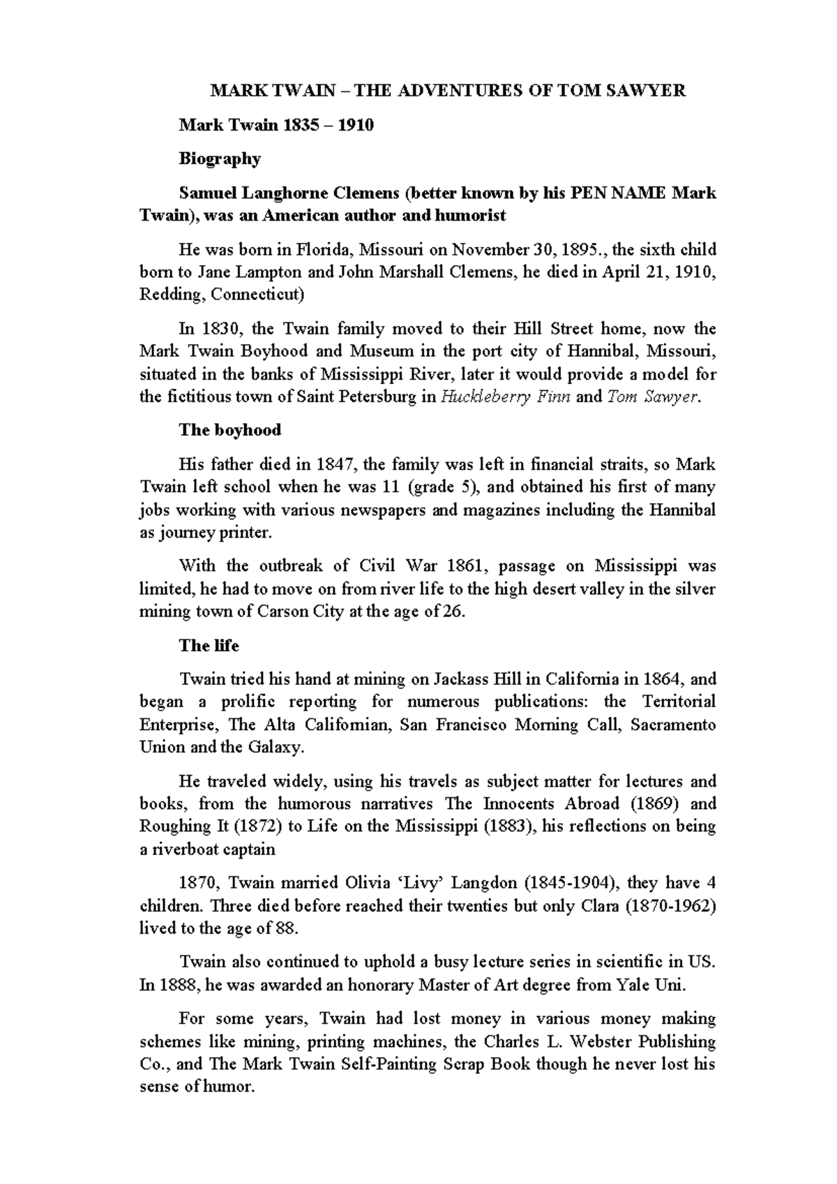 MARK- Twain - MARK TWAIN – THE ADVENTURES OF TOM SAWYER Mark Twain 1835 ...