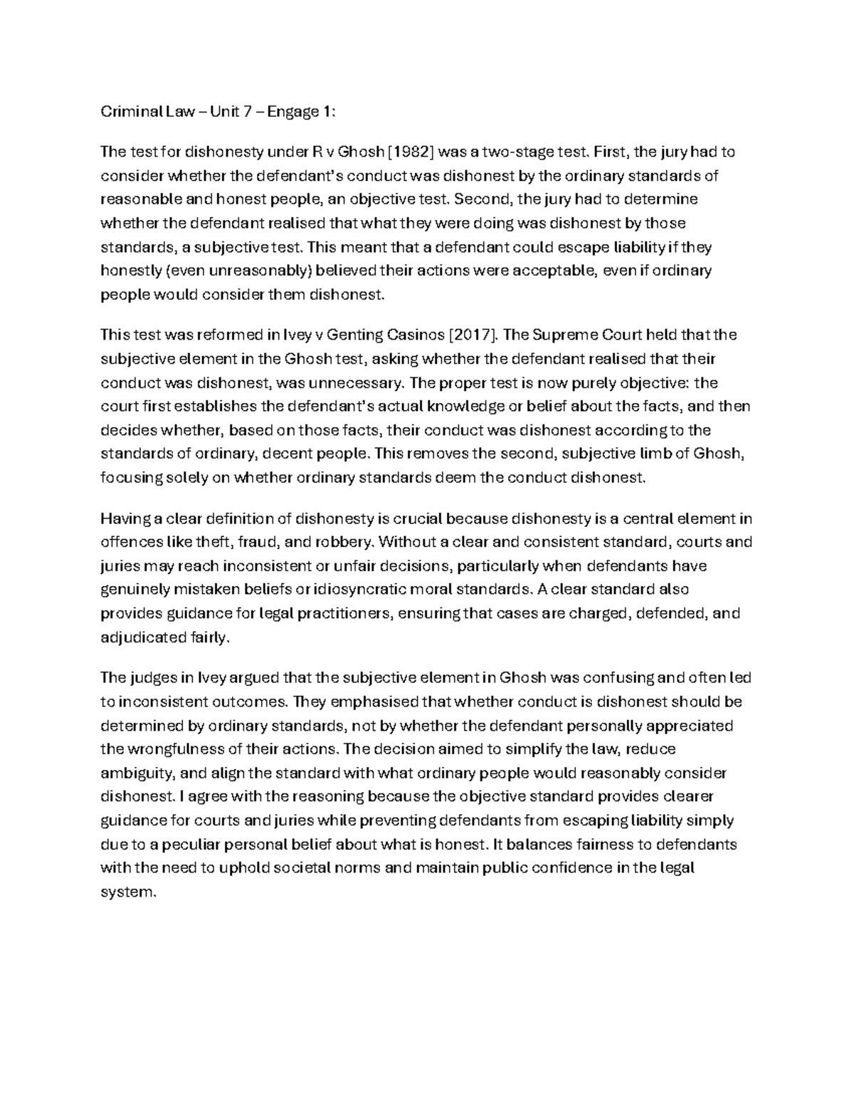 Criminal Law – Unit 7 – Engage 1: The Ghosh Test for Dishonesty ...