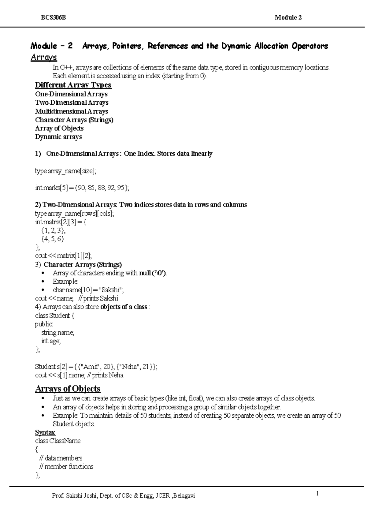 Module 2 BCS306B: Arrays, Pointers, and Dynamic Allocation in C++ - Studocu