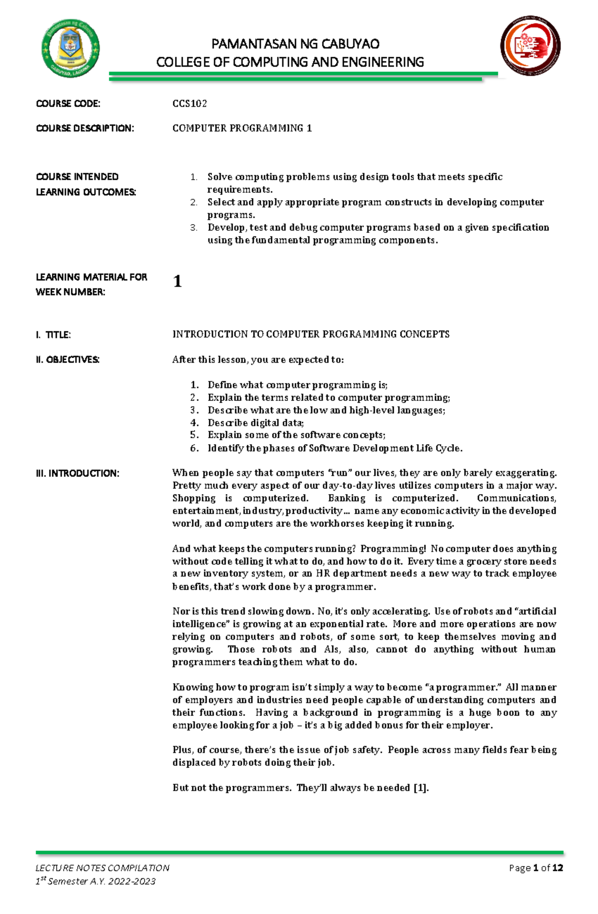 Ccs102 Week 1 Introduction To Computer Programming Concepts College Of Computing And