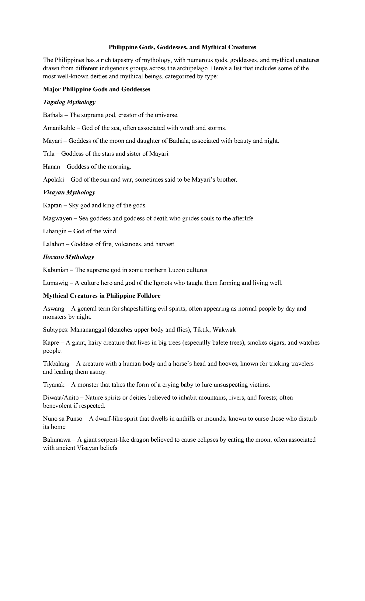 Philippine Gods Goddesses and Mythical Creatures - Here's a list that ...