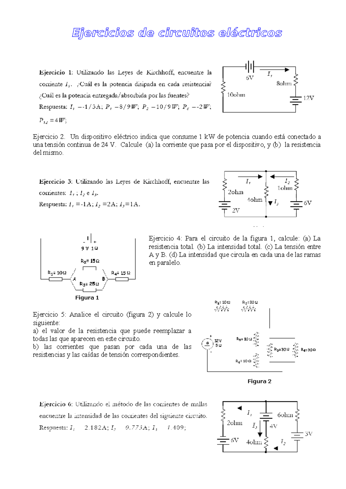 06 - TC - Ejercicios de Circuitos Eléctricos de Corriente Continua - Figura 1 Figura 2 ...