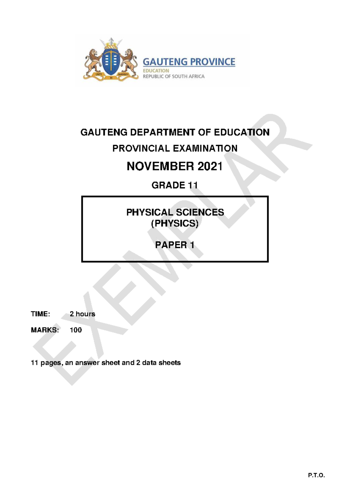 Grade 11 Physical Sciences P1 Exam Paper - November 2021 (GAUTENG ...