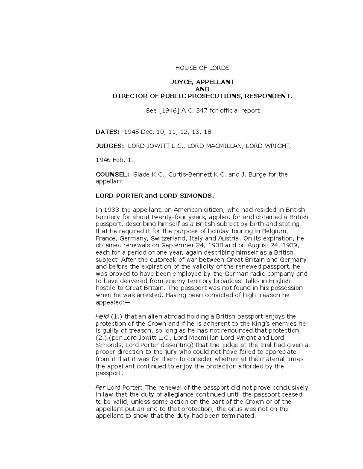 Joyce v. D - Constitutional Law Case Study on High Treason - Studocu