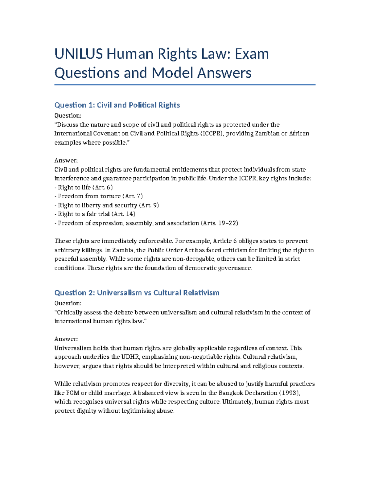 UNILUS Human Rights Law: Exam Qs & Model Answers on ICCPR & Relativism ...