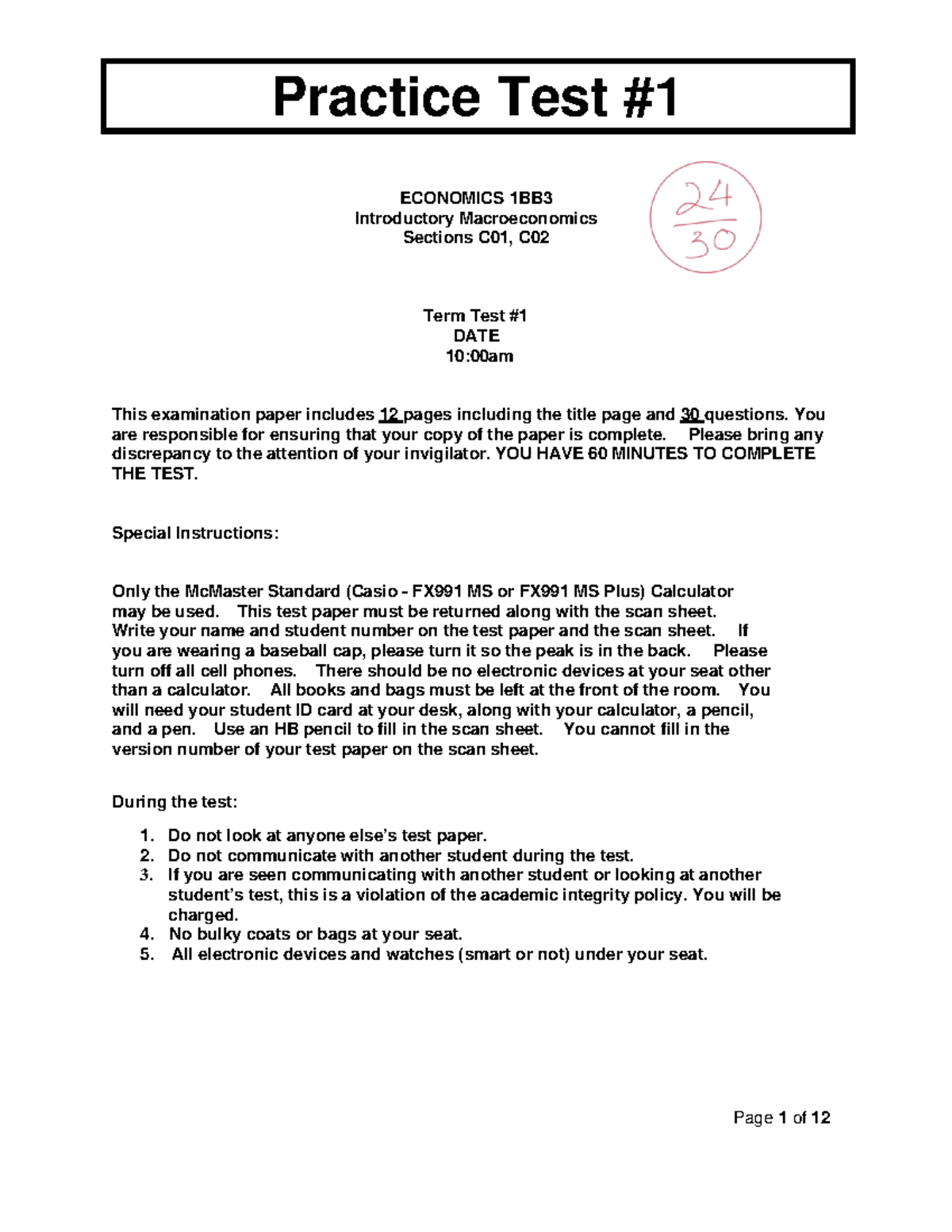 Practice test ECONOMICS 1BB3 introductory macroeconomics sections C01 ...