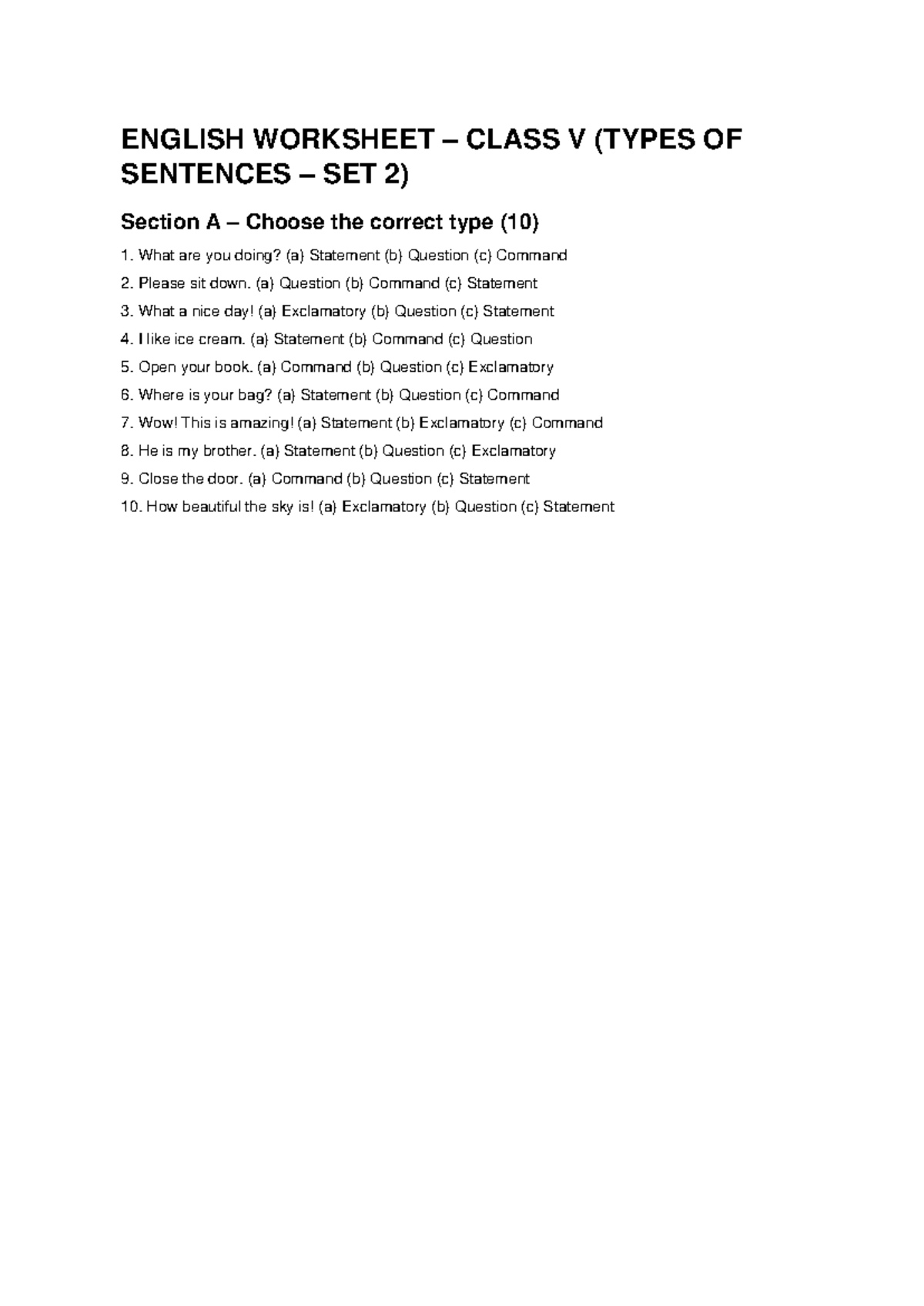 ENGLISH WORKSHEET CLASS V (TYPES OF SENTENCES SET 2) - Studocu