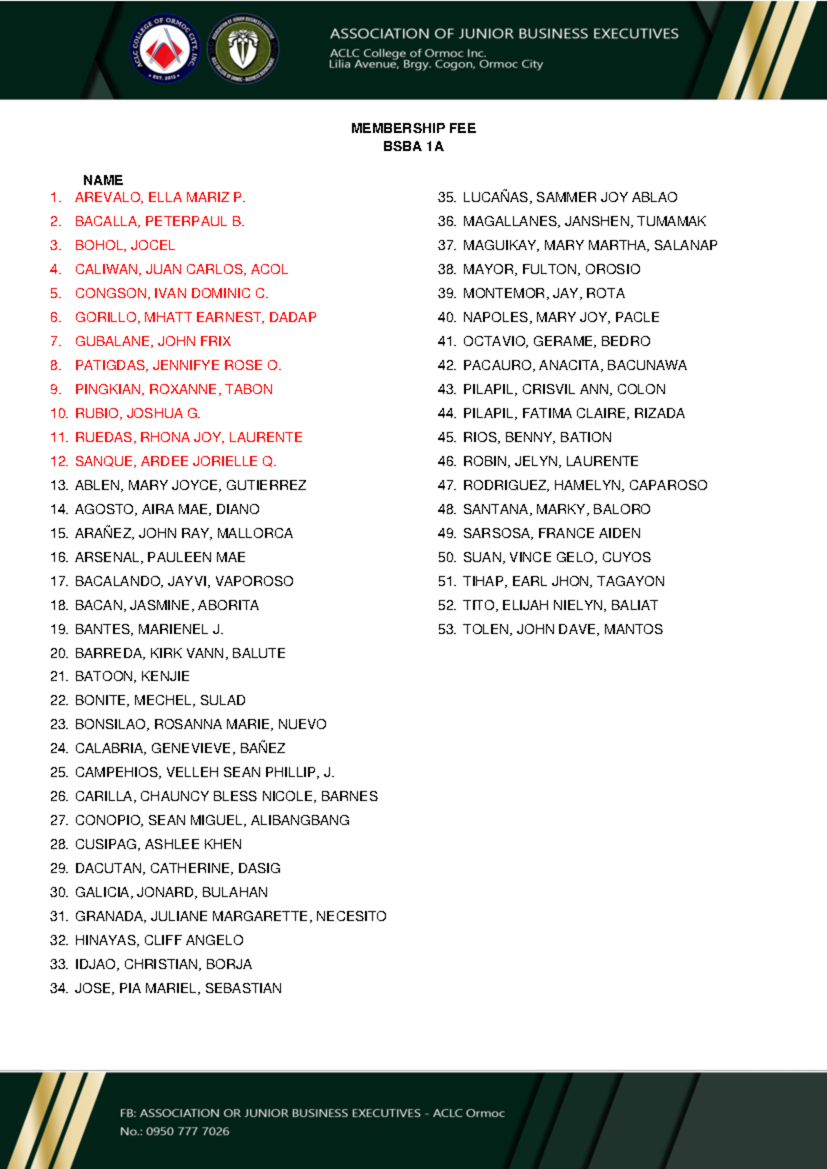 ALL Student LIST - classnotes - BSBA 1A NAME 1. AREVALO, ELLA MARIZ P ...
