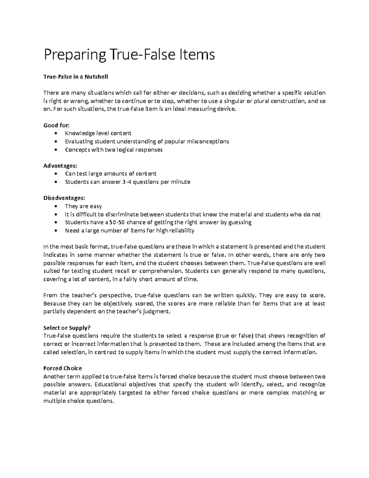 Guide to Creating Effective True-False Test Items for Assessment - Studocu