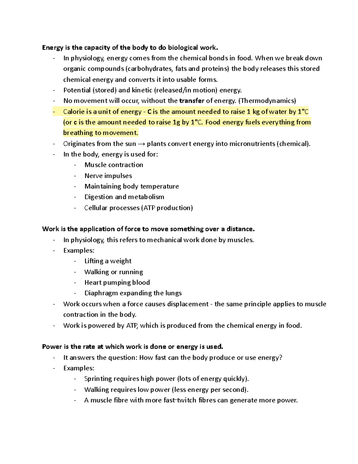 Physiology of Energy, Work, and Power in Exercise - Studocu