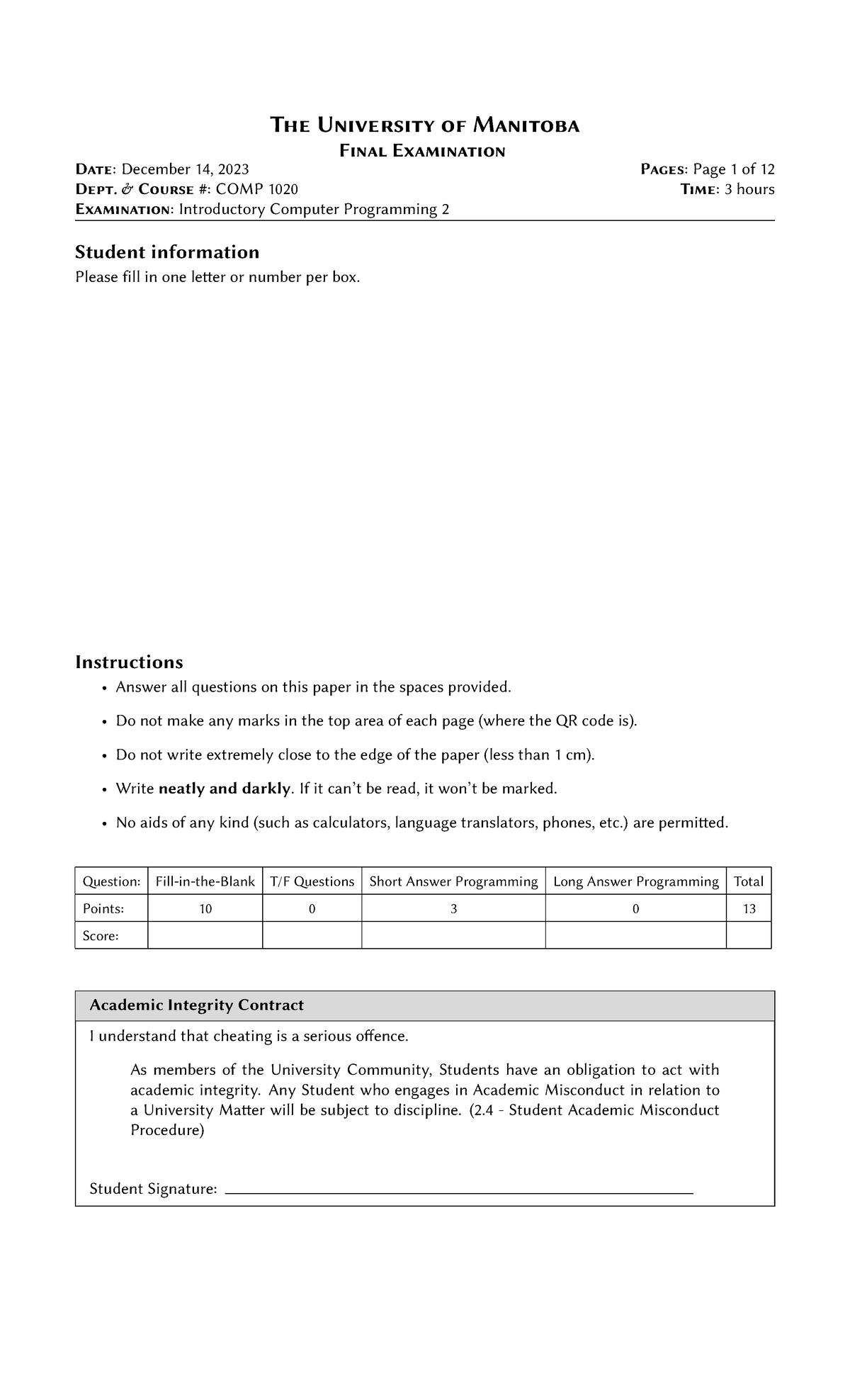 COMP 1020 Final Exam: Introductory Computer Programming 2 - Studocu