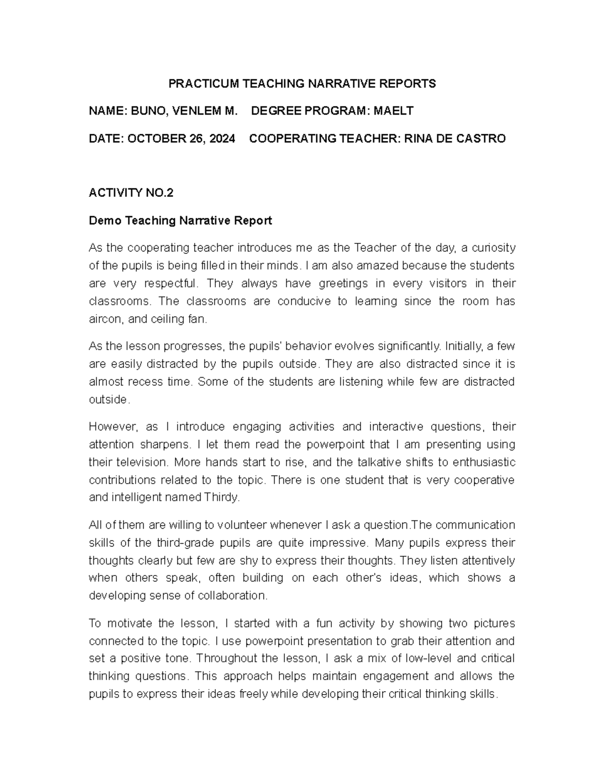 MAELT Demo Teaching 1 - Engaging Narrative Reports on Classroom ...