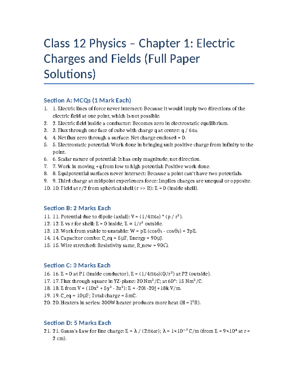 CBSE Class 12 Physics Ch1 Solved MCQs and Solutions Guide - Studocu