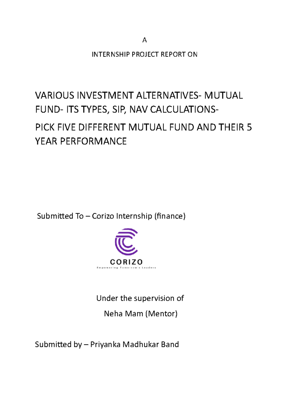 Corizo Internship Report: Investment Alternatives & Mutual Funds - Studocu