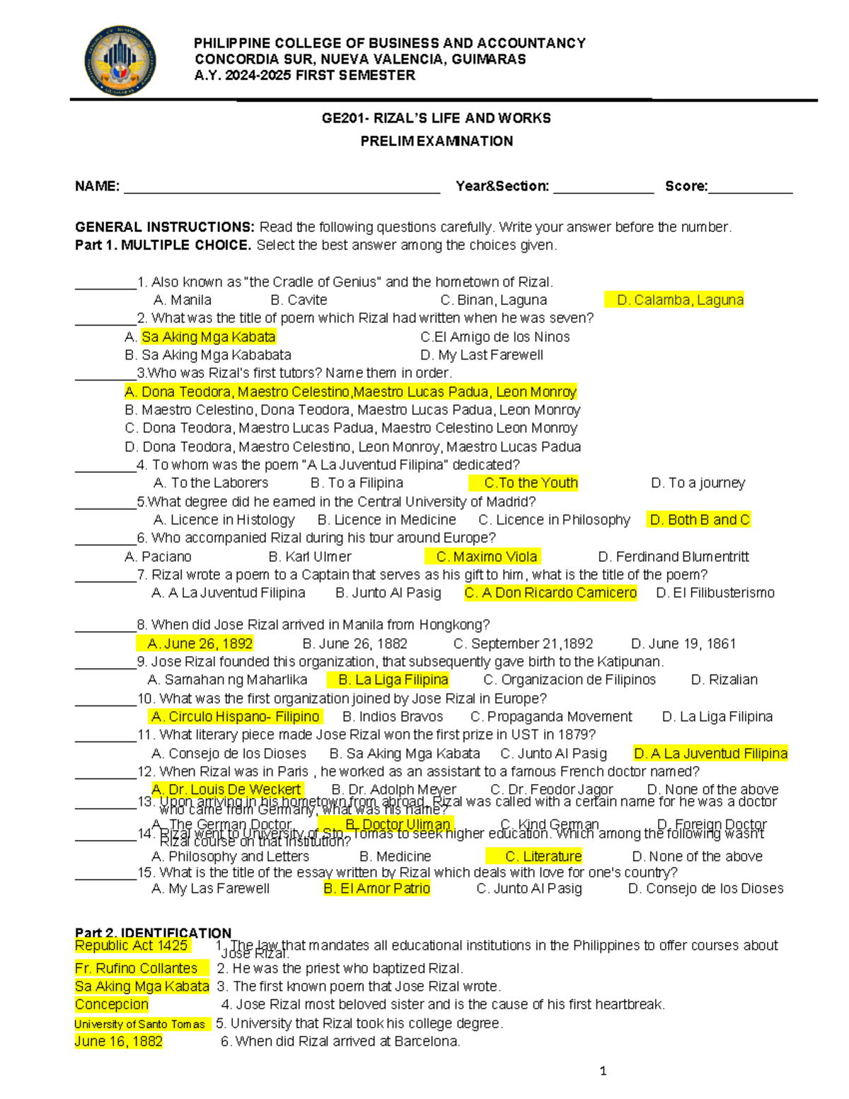 GE201 - Rizal's Life & Works - Prelim Exam Questions & Answers - Studocu