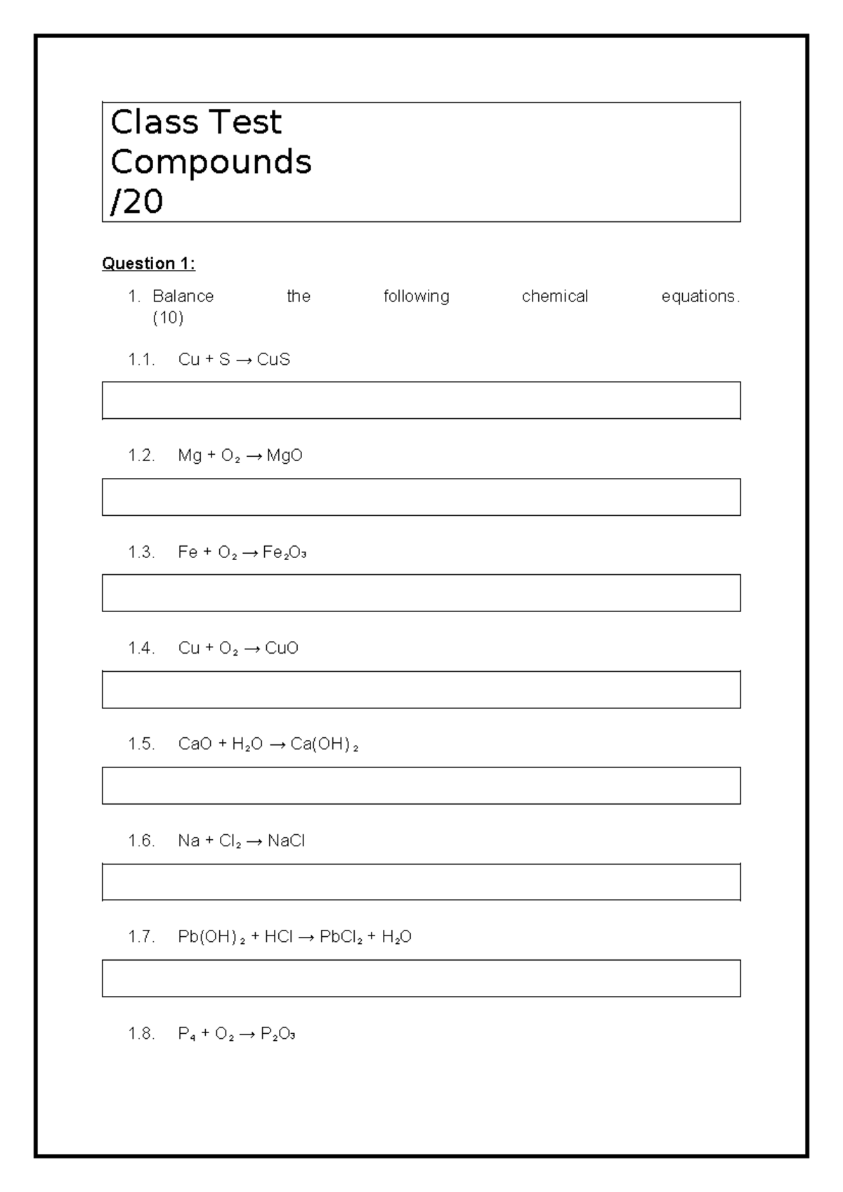 Class Test - Pre- Igcse Physics - Compounds - Education Senior Primary ...