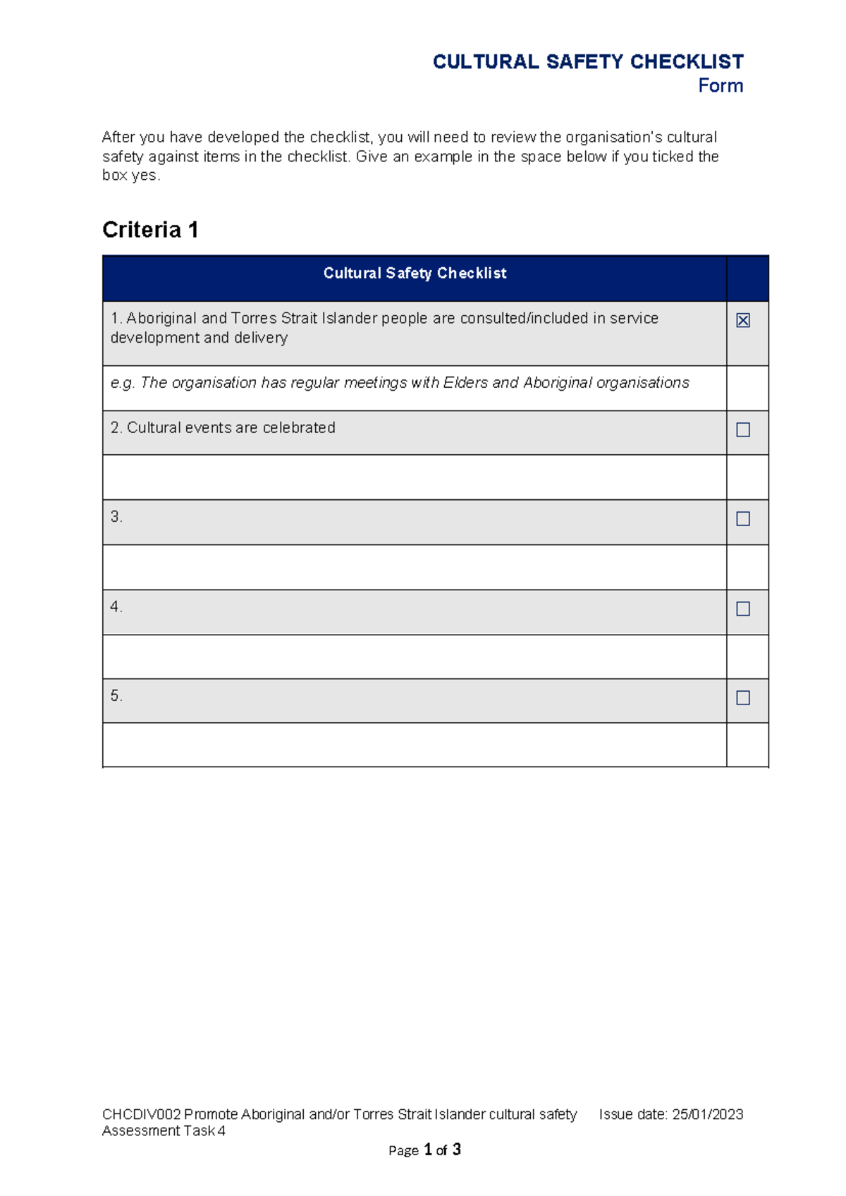 CHCDIV002 AT4 - Cultural Safety Checklist and Recommendations Guide ...